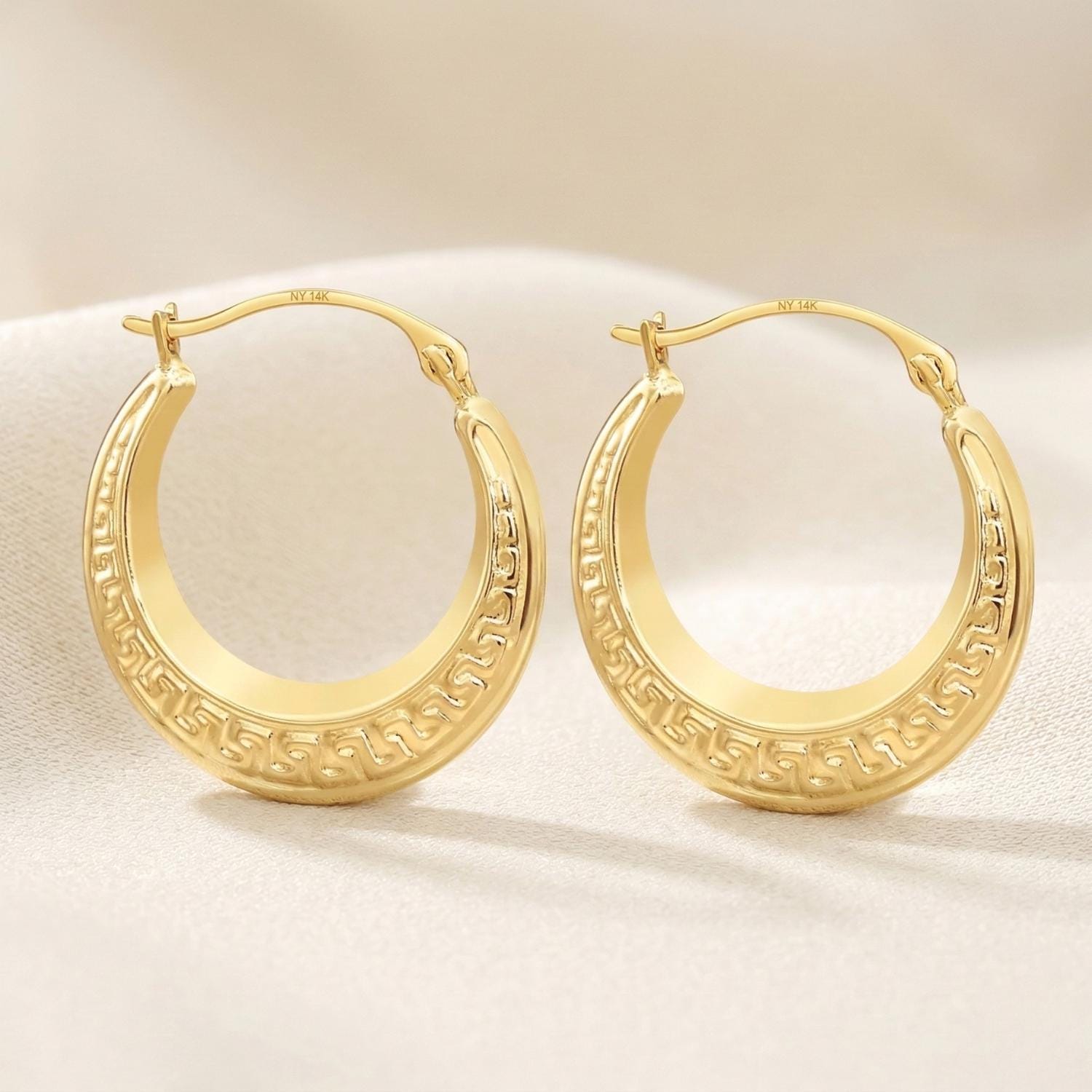 14K Yellow Gold Greek Key Curved Round Creole Hoops Earrings, Secure ...