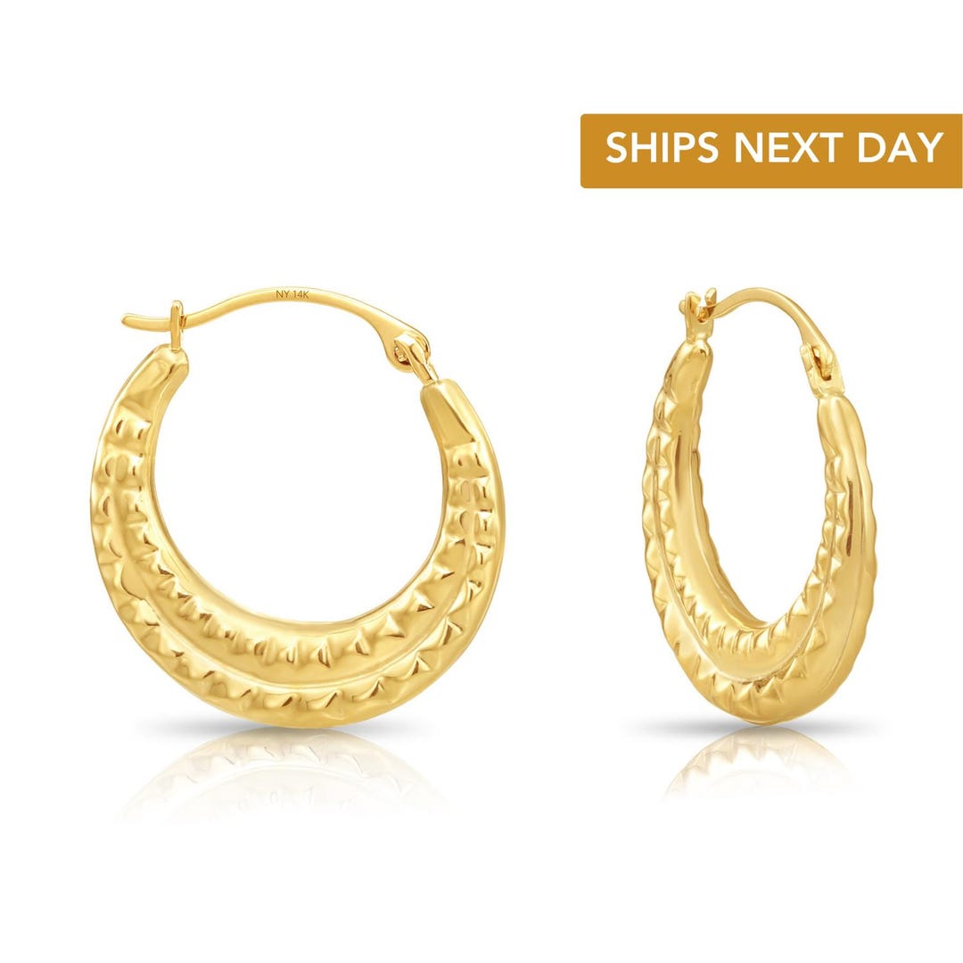 10K Yellow Gold Alligator Textured Pattern Hoop Earrings, 19mm Medium ...