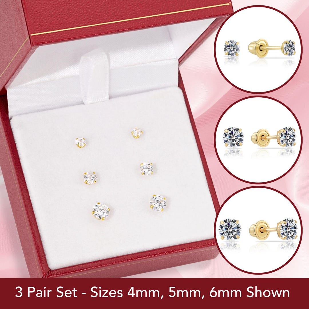 10k Solid Yellow Gold Basket Set Round CZ Stud Earrings, Screw Back Cz ...