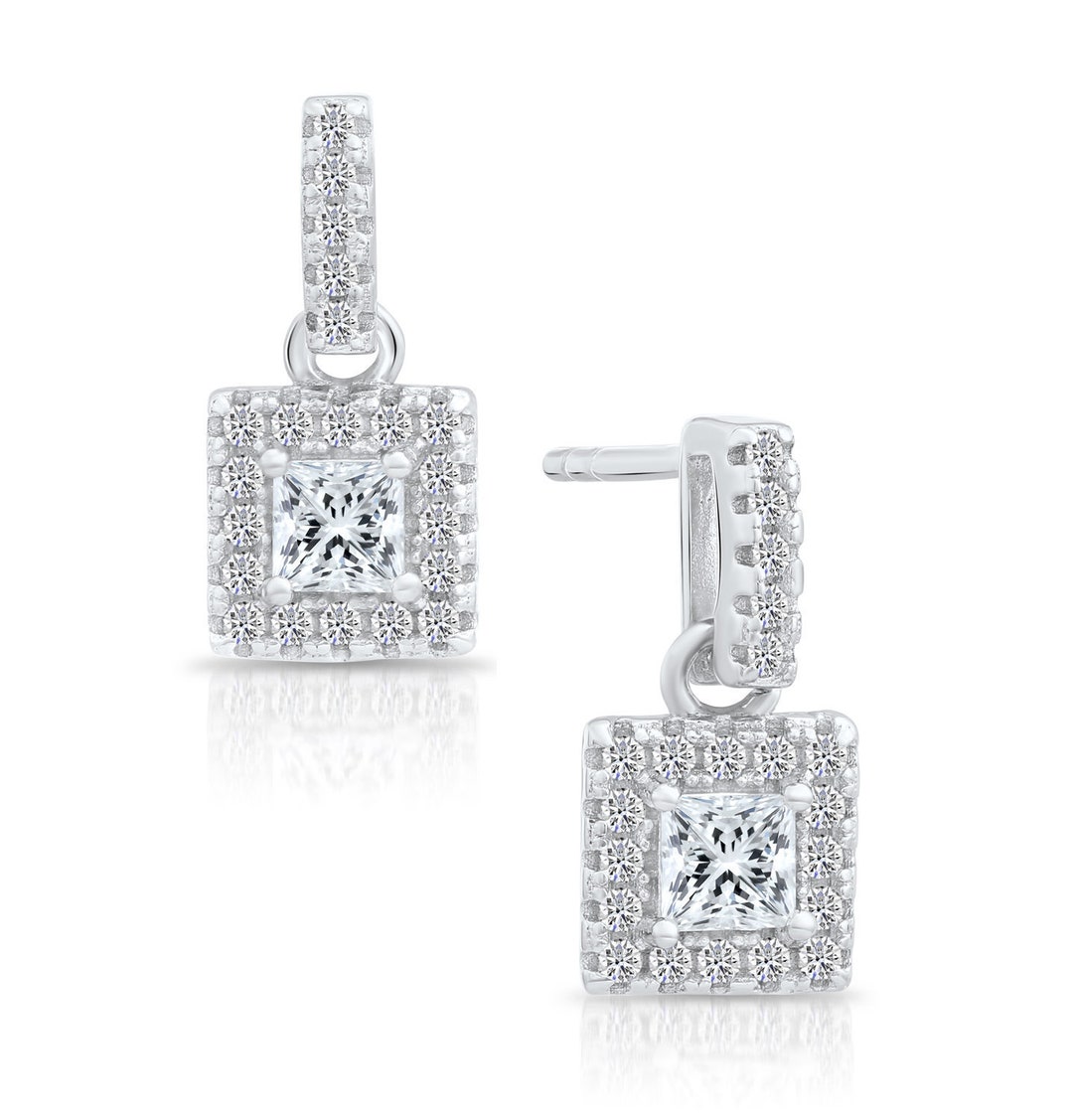 Sterling Silver Square Dangling Drop Stud Earrings With Sparkling CZ ...