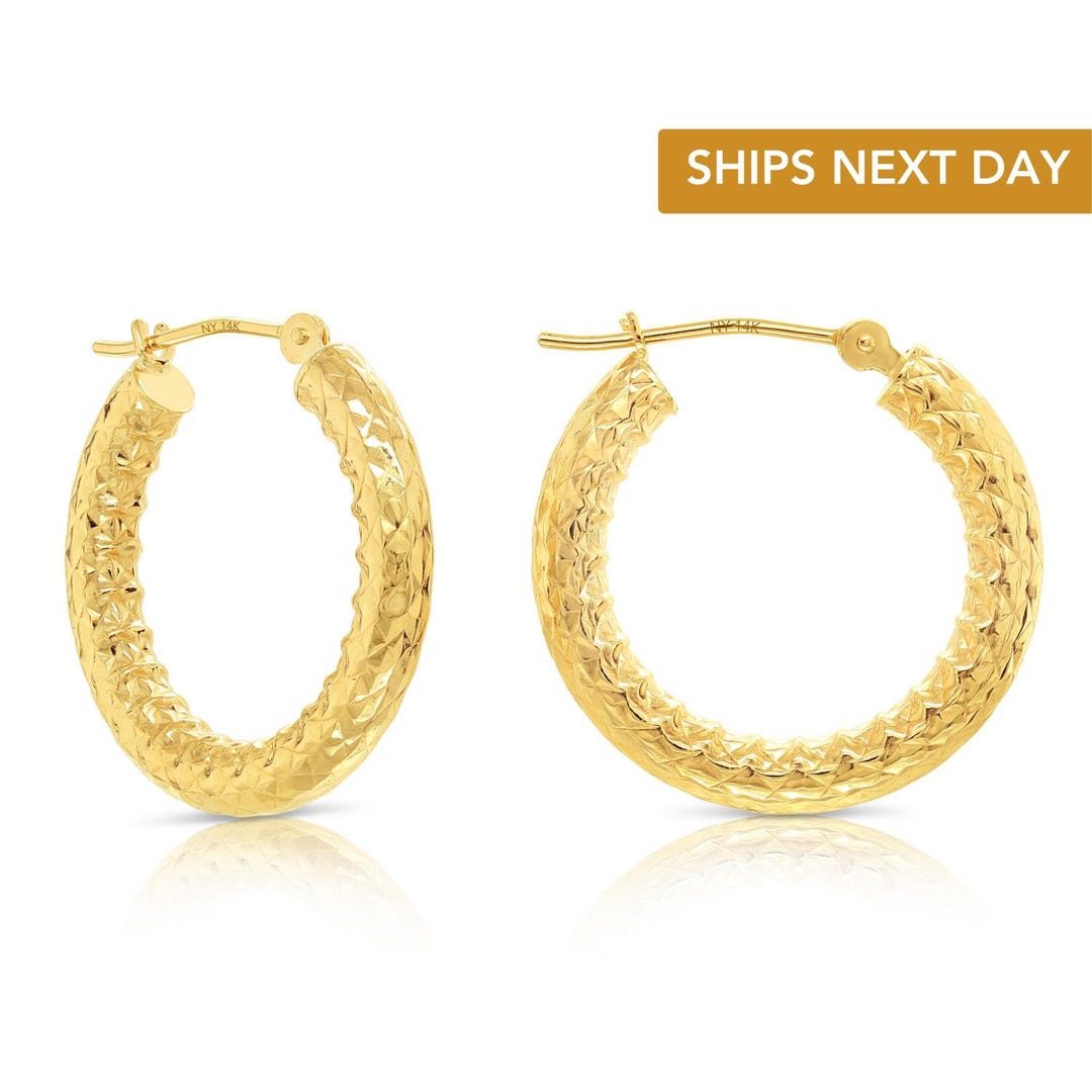 14k Solid Yellow Gold Round Hoop Earrings, Alligator Pattern Diamond ...