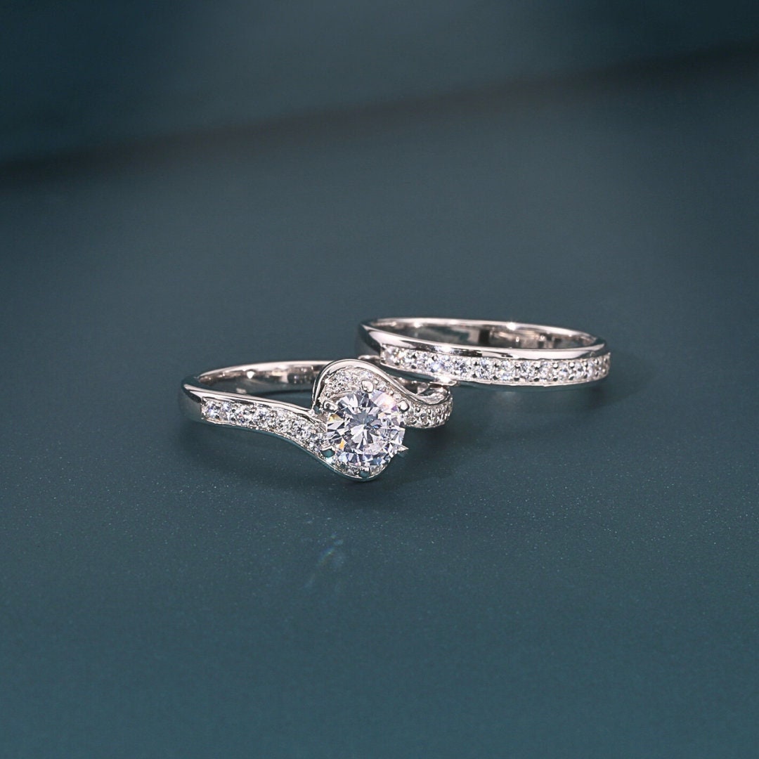 925 Sterling Silver Engagement Ring Set, 2 Carat Total Round Brilliant ...
