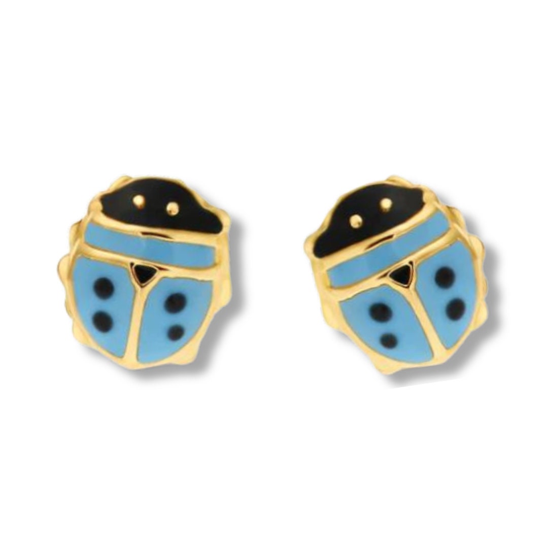 14k Yellow Gold Small Ladybug Stud Earrings, Blue Ladybug Pushback ...