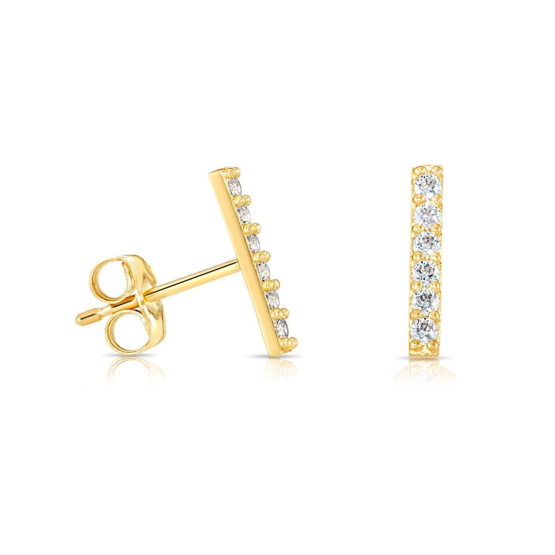 14K Gold Bar Stud Earrings, Minimal Style Petite and Dainty Bar Studs ...