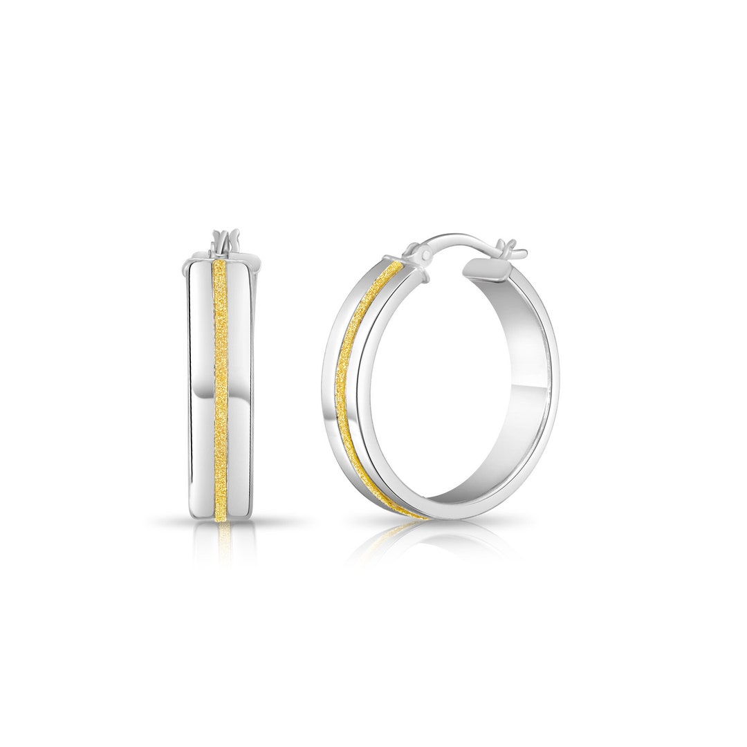 Gold Glitter Accent Hoop Earrings, Solid Sterling Silver Hoops, Medium ...