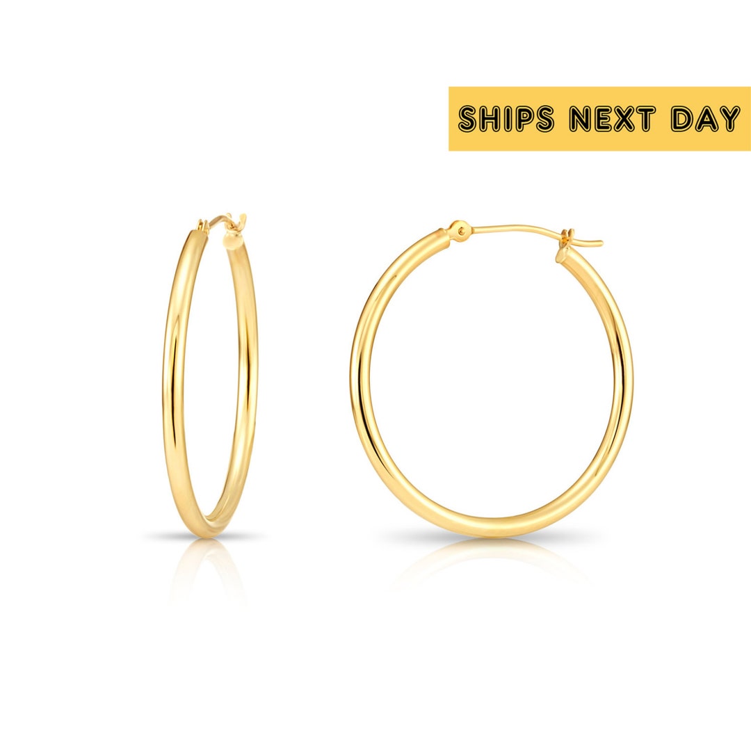 10K Gold Round Hoop Earrings, Solid Yellow Gold Shiny Hoops, 25mm (1 In ...