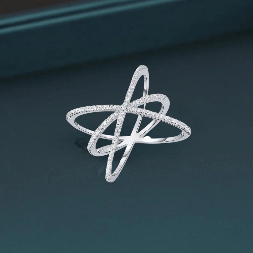 Triple Pave Orbit CZ Ring in Sterling Silver, Crossover Criss Cross Sparkling CZ Ring, Real 925 ...