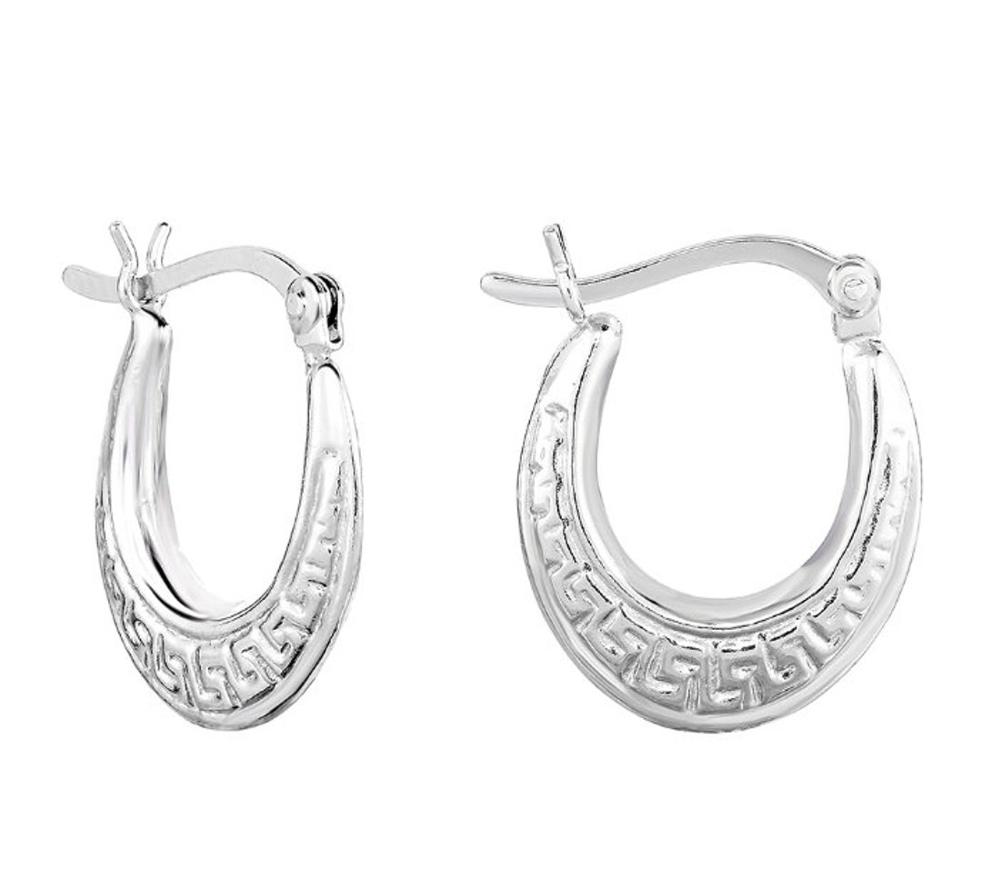 Greek Key Design Oval Hoops in Sterling Silver, Greek Jewelry, Greek Meander Tubular Hoop ...