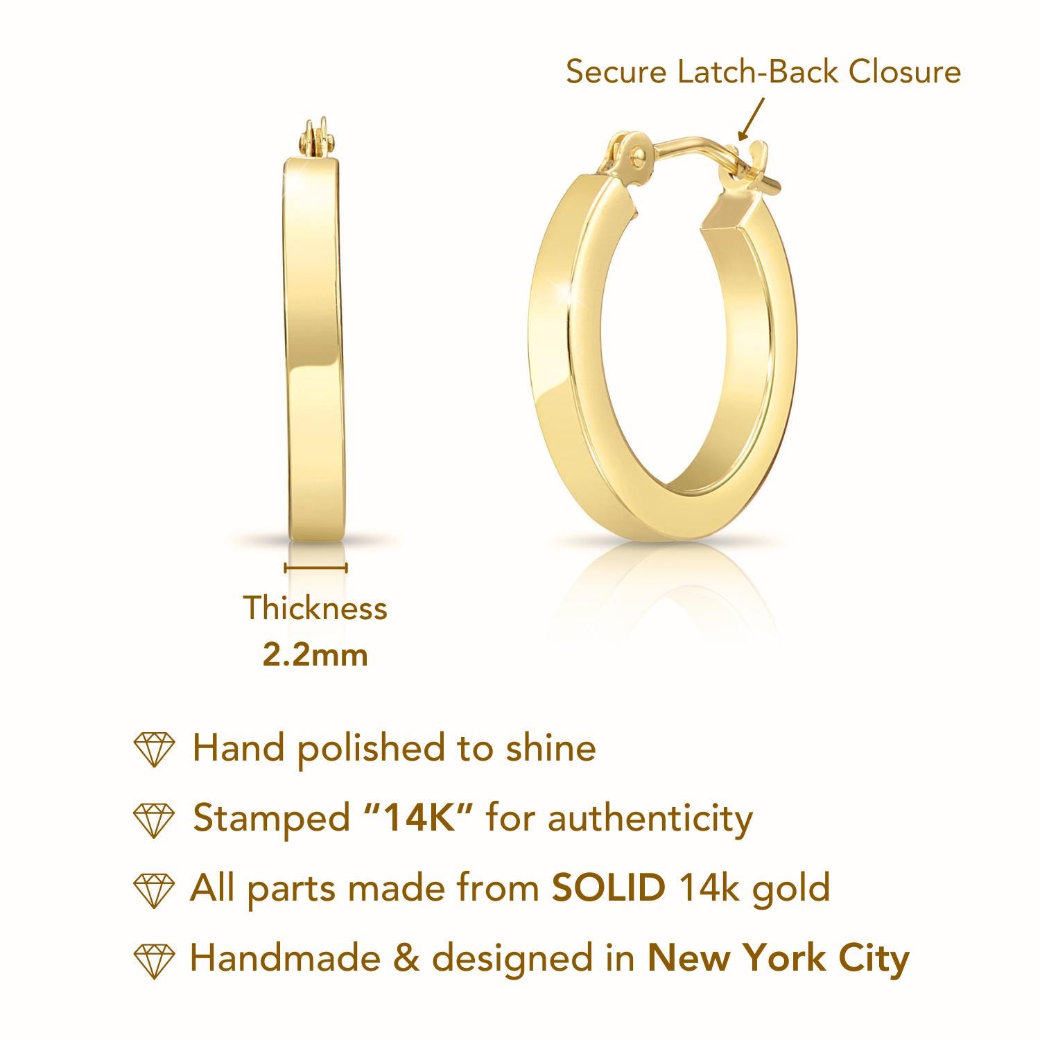 14k Solid Yellow Gold Square Tube Hoop Earrings, Bold Chunky Hoops ...