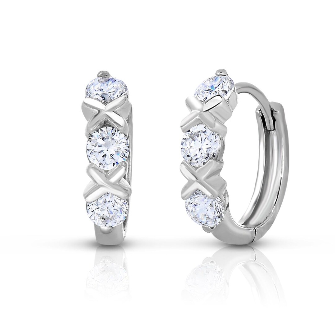 Sterling Silver XO Hoop Huggie Earrings With Cubic Zirconia Stones, 925 ...