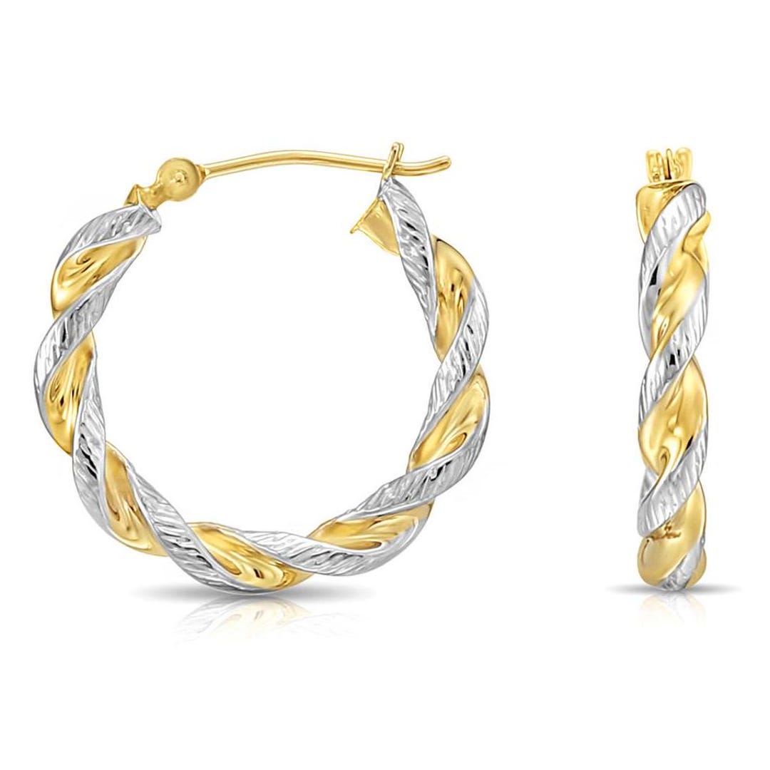 14K Gold Two-tone Twist Hoop Earrings, Hand Engraved Diamond-cuts ...
