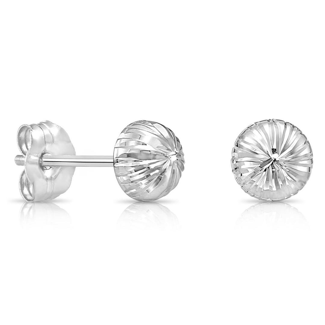 14K White Gold Sparkle Ball Earrings, Hand Engraved Diamond-cut Half ...