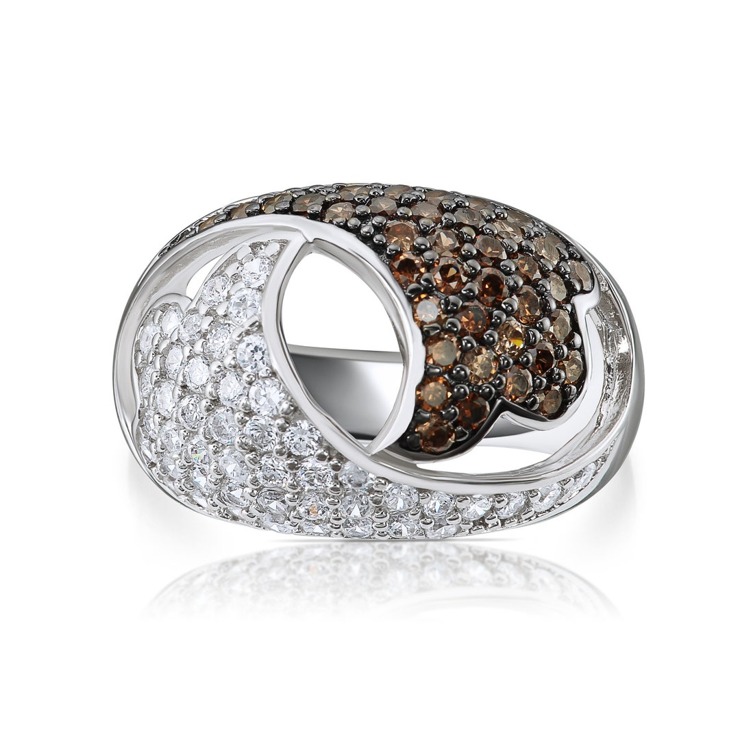 Sterling Silver Unique Statement Ring With White & Coffee Brown CZ ...