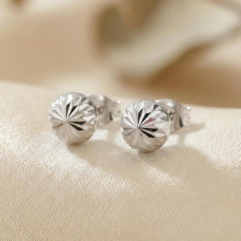 14K White Gold Sparkle Ball Earrings, Hand Engraved Diamond-cut Half ...