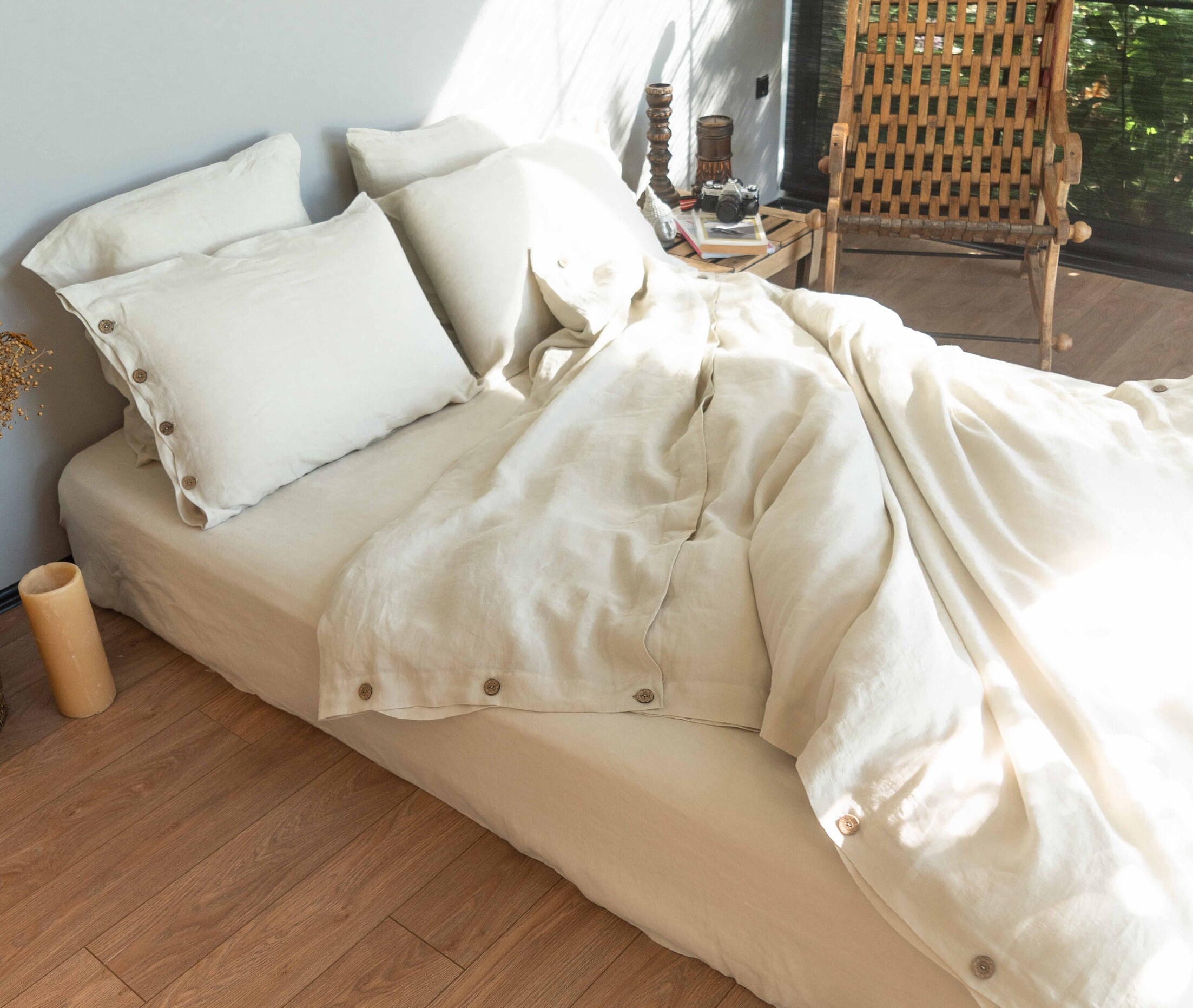 Duvet Cover Set, Natural Bedding Set Oatmeal With Wooden Buttons ...