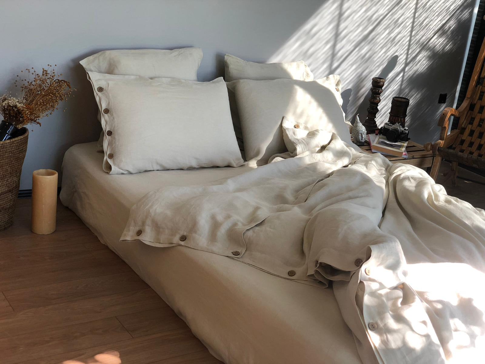 Duvet Cover Set, Natural Bedding Set Oatmeal With Wooden Buttons ...