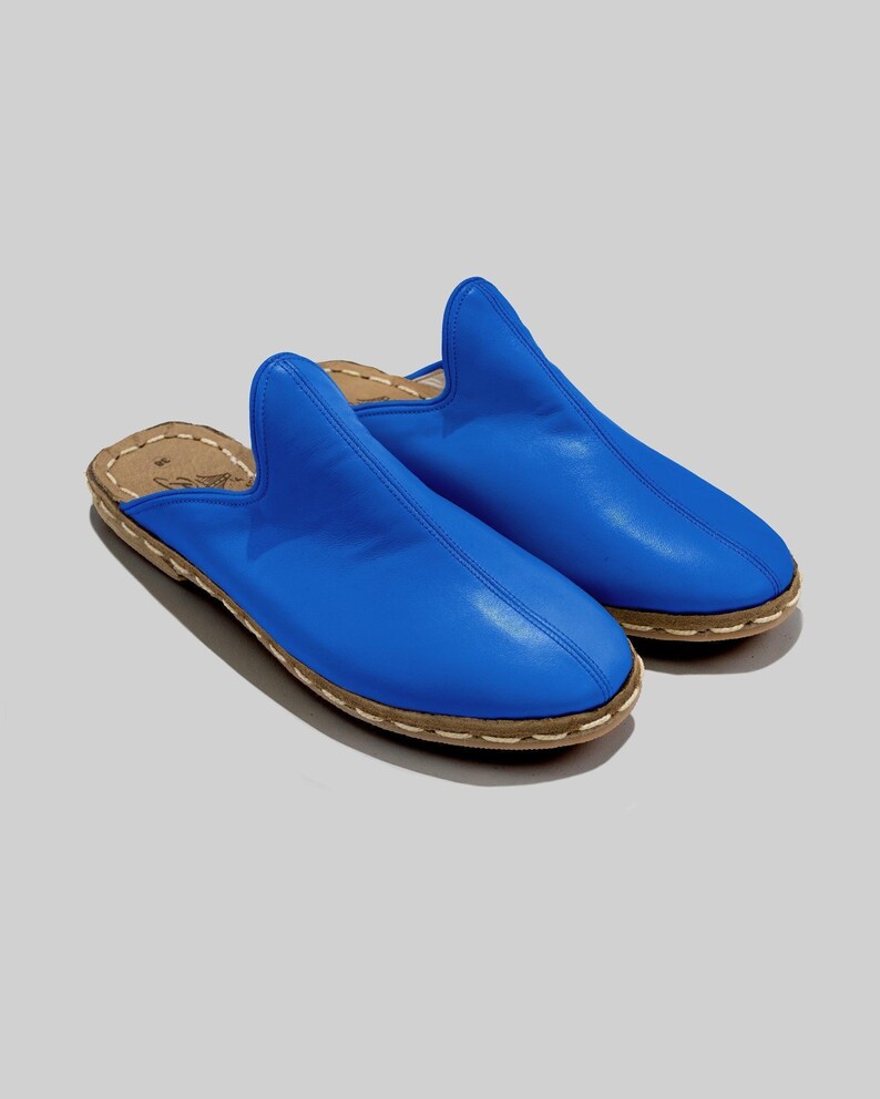 Leather Slippers: Wide Toe Box, Blue Slip-ons (handmade, Zero Drop ...