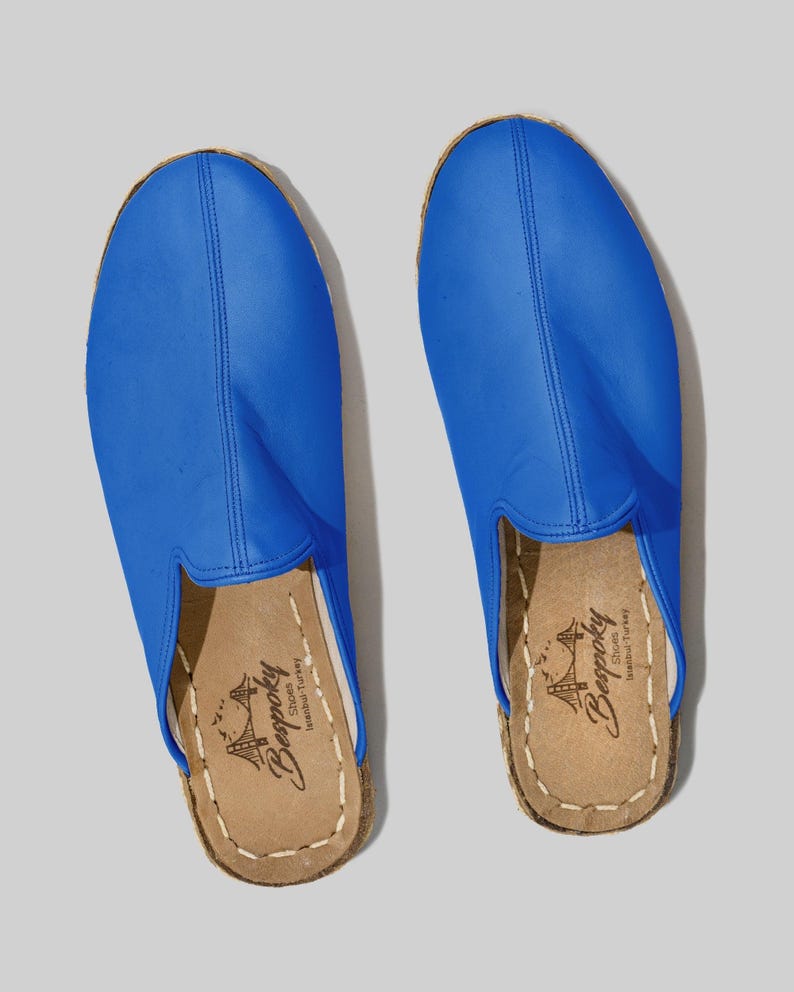 Leather Slip-on Slippers: Wide Toe Box, Blue - Lightweight Flexible ...