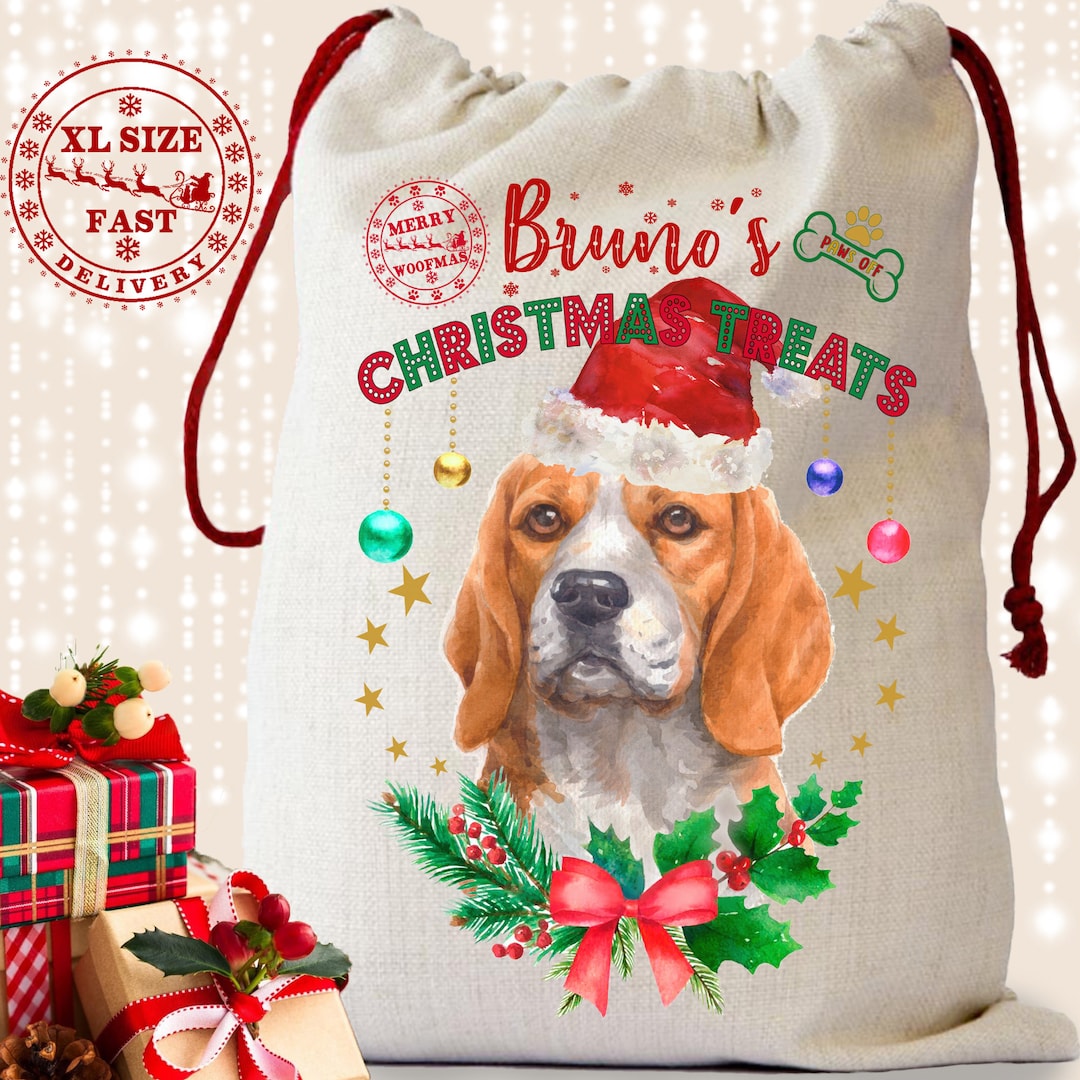 Personalised Christmas Dog Beagle Sack Santa Pet Treat Gift Name ...