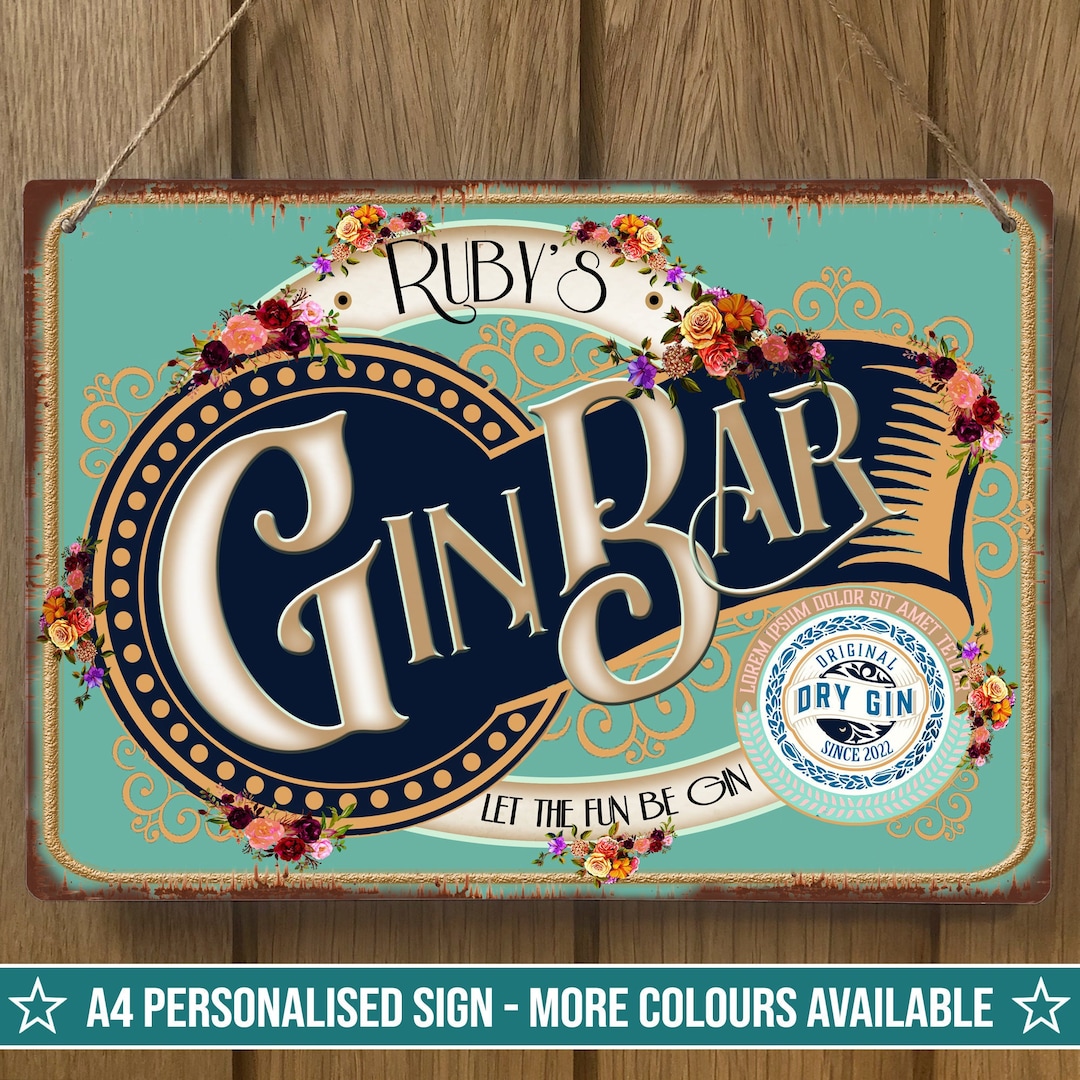 Personalised Gin Bar Sign Metal Wall Door Floral Vintage Retro - Etsy UK