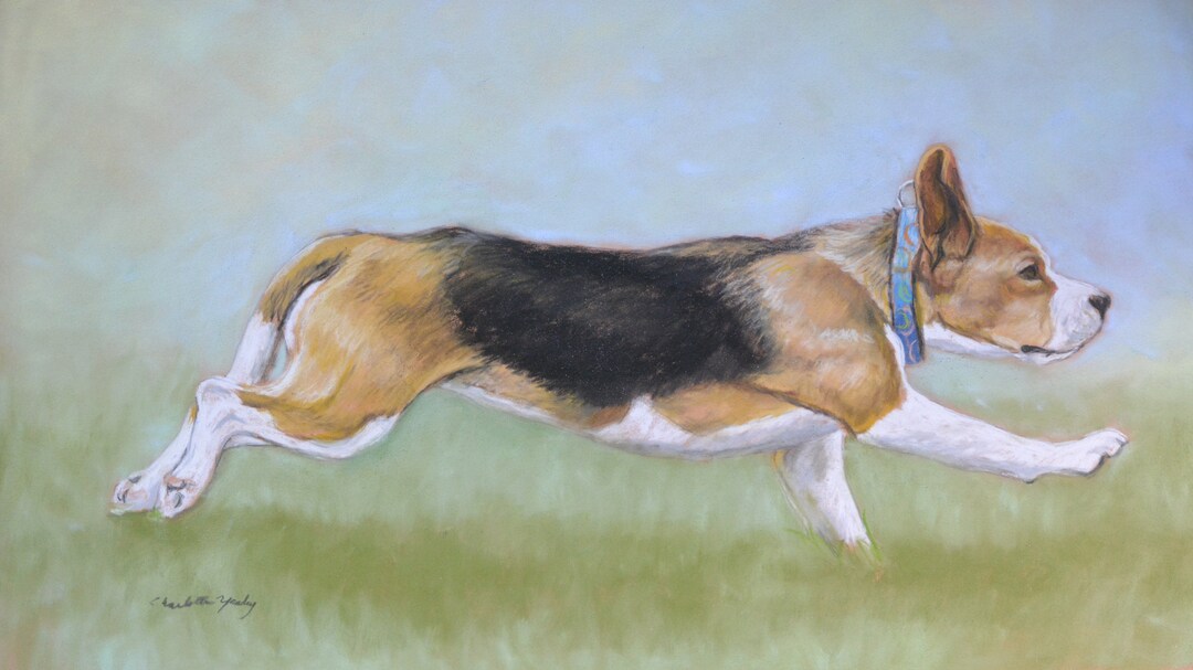 Beagle Running Original Art Pastel Painting Drawing 15 X 9 Inch Framed ...