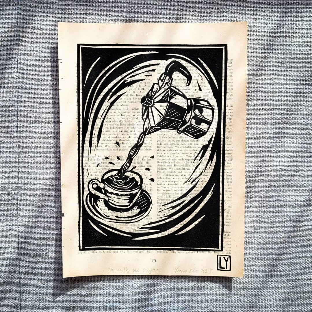 No Milk, No Sugar Linocut Handprinted Vintage Book Page Coffee Espresso ...