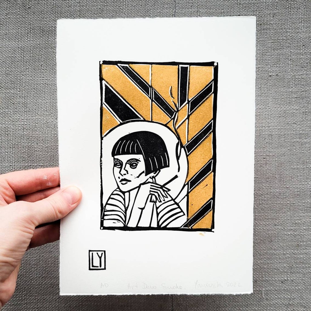 Art Deco Smoke gold Original Art Handprinted Linocut Art - Etsy