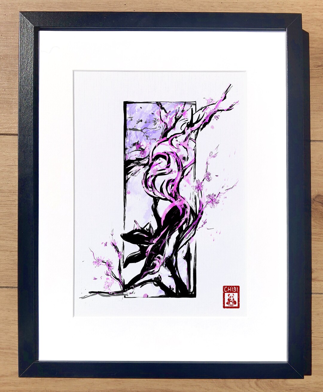 Art Print - Inked Spring Sakura Fox Painting - Etsy