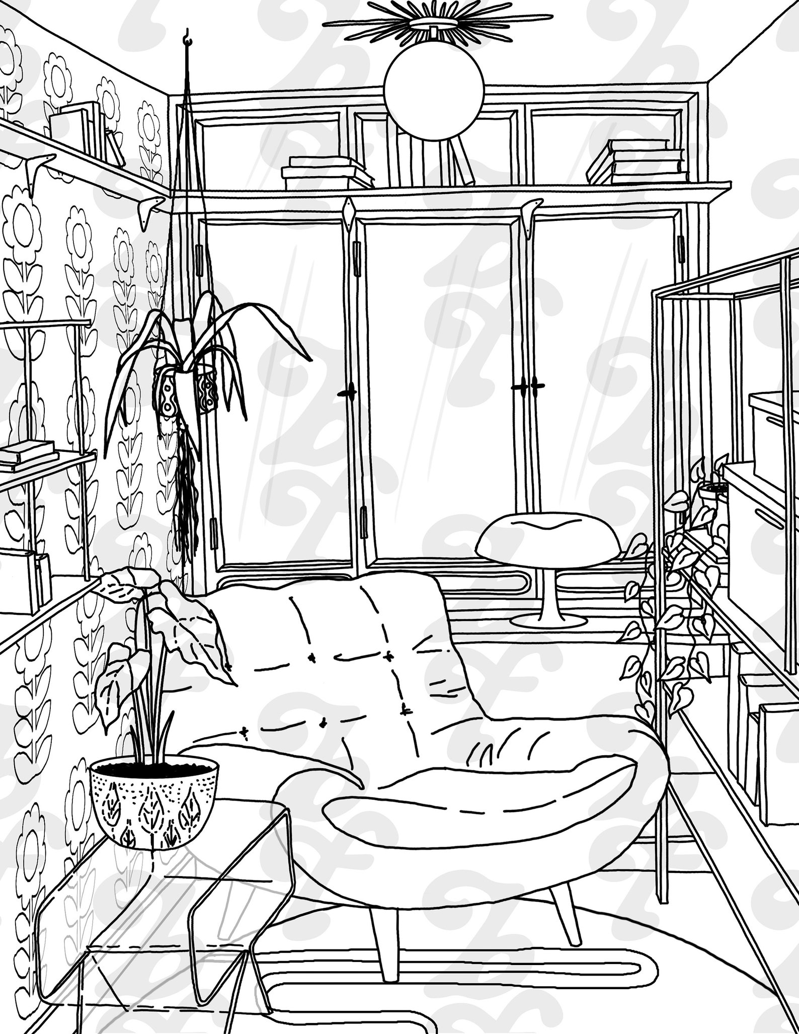 Retro Living Room Coloring Page - Etsy