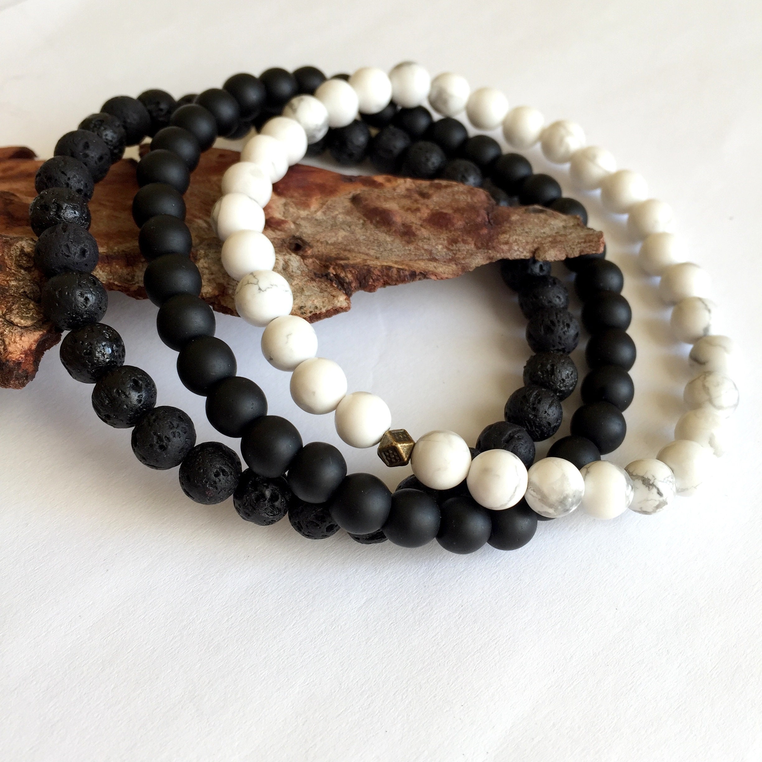 Men Bracelet Set, Lava Stone Bracelet Set, Onyx Bracelet Howlite Jasper ...