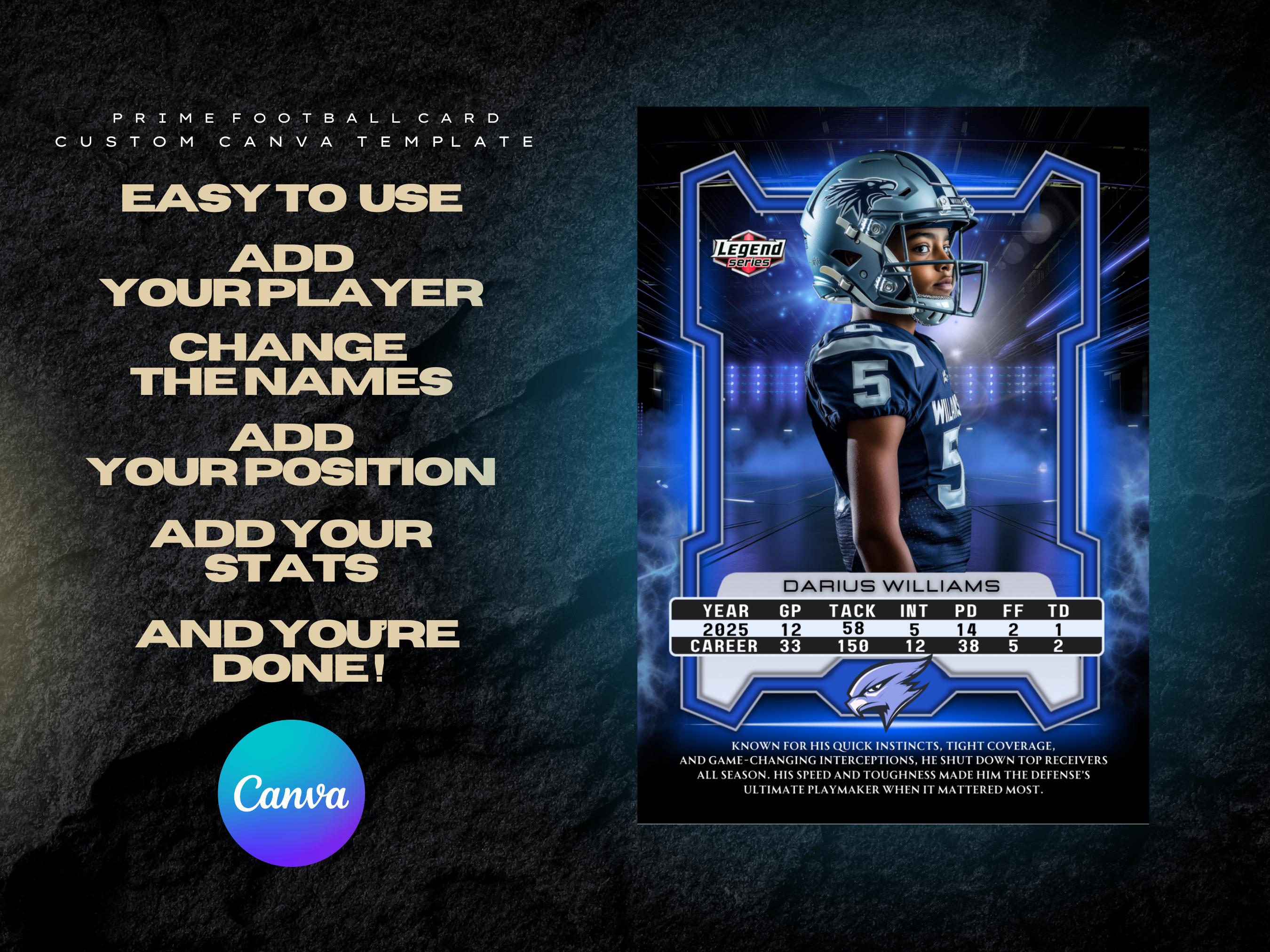 Football Player Card Template Youth Sports Editable Custom Trading Card ...