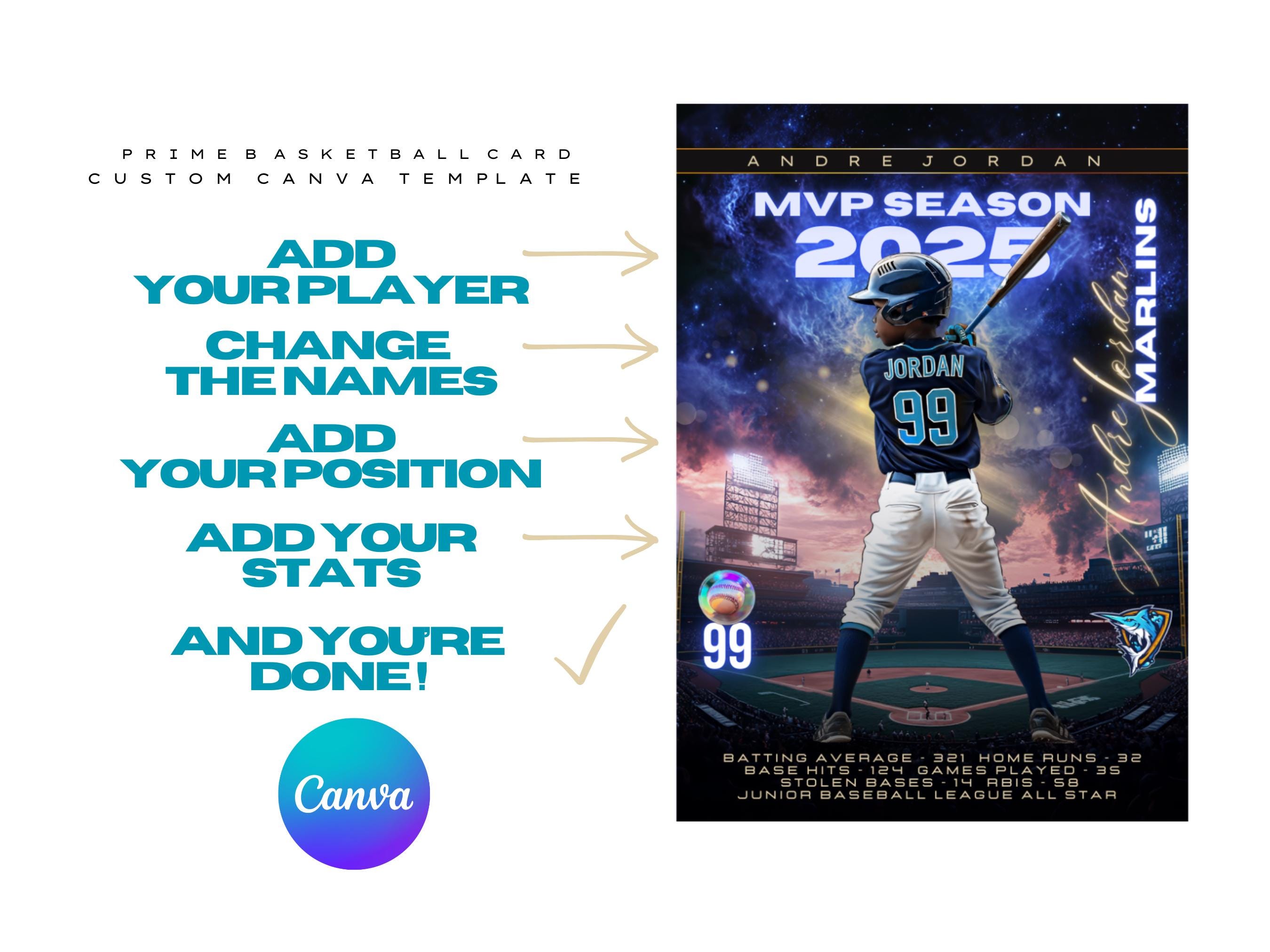 Editable Baseball Card Template Canva Custom Sports Memorabilia Youth ...