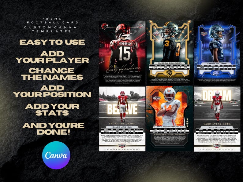 Custom Football Cards Canva Template Bundle 6 X Editable Kids Sport ...