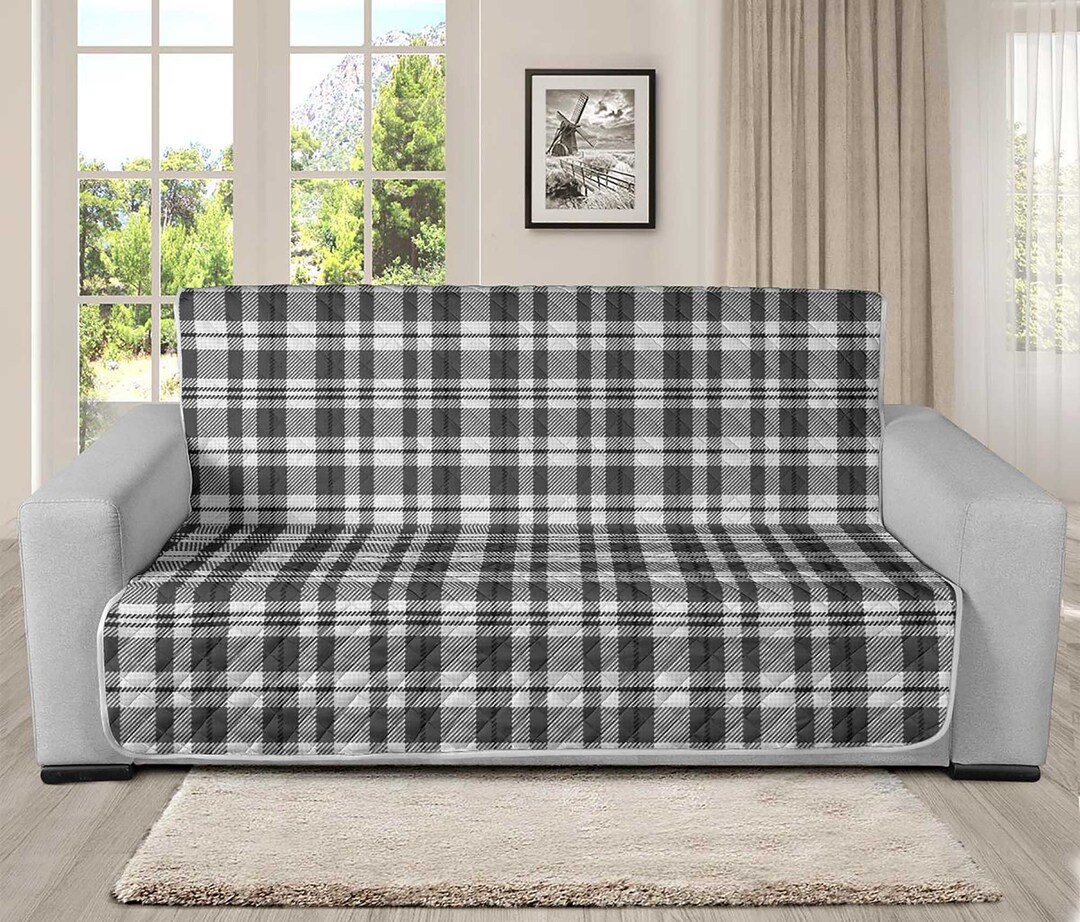 Gray and White Plaid 70 Seat Width Futon Sofa Couch Cover Protector ...