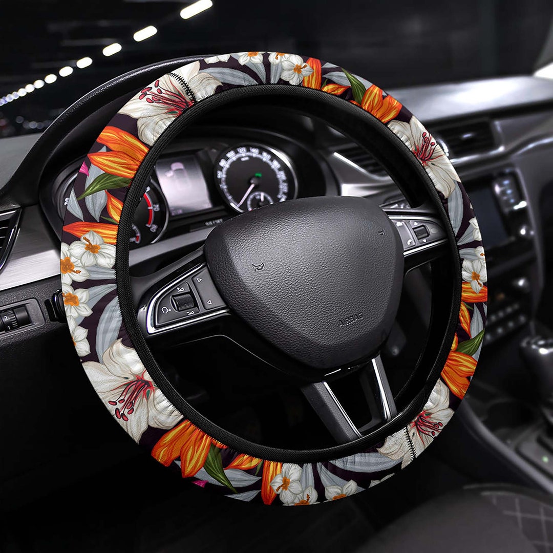 Tropical Flower Pattern Steering Wheel Cover Anti-slip Car Accessory ...