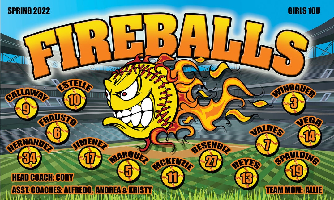 Fireballs Baseball or Softball Team Banner - (3ft X5ft) Your Team Name ...