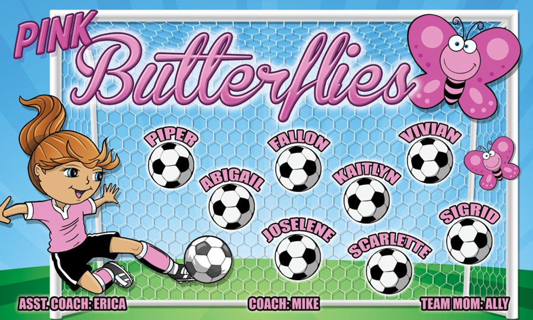 Pink Butterflies Soccer Team Banner 3ft X5ft Your Team Name and Custom ...
