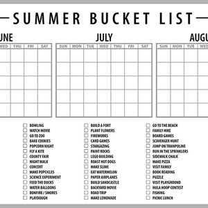 Summer Bucket List Calendar, Dry-erase Laminated / Poster or PVC Board ...