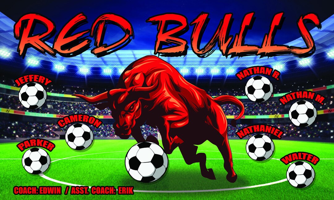 RED BULLS Soccer Team Banner 3ft X5ft Your Team Name and Custom Design ...
