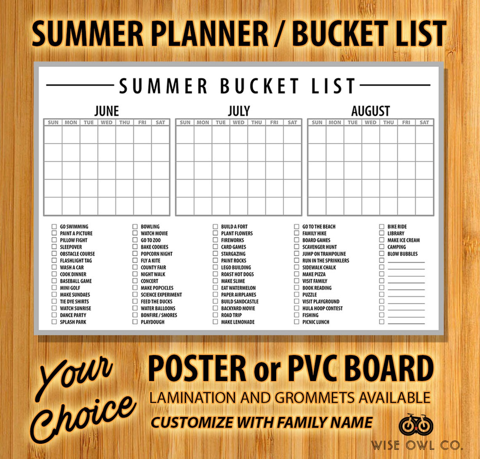 Summer Bucket List Calendar, Dry-erase Laminated / Poster or PVC Board ...