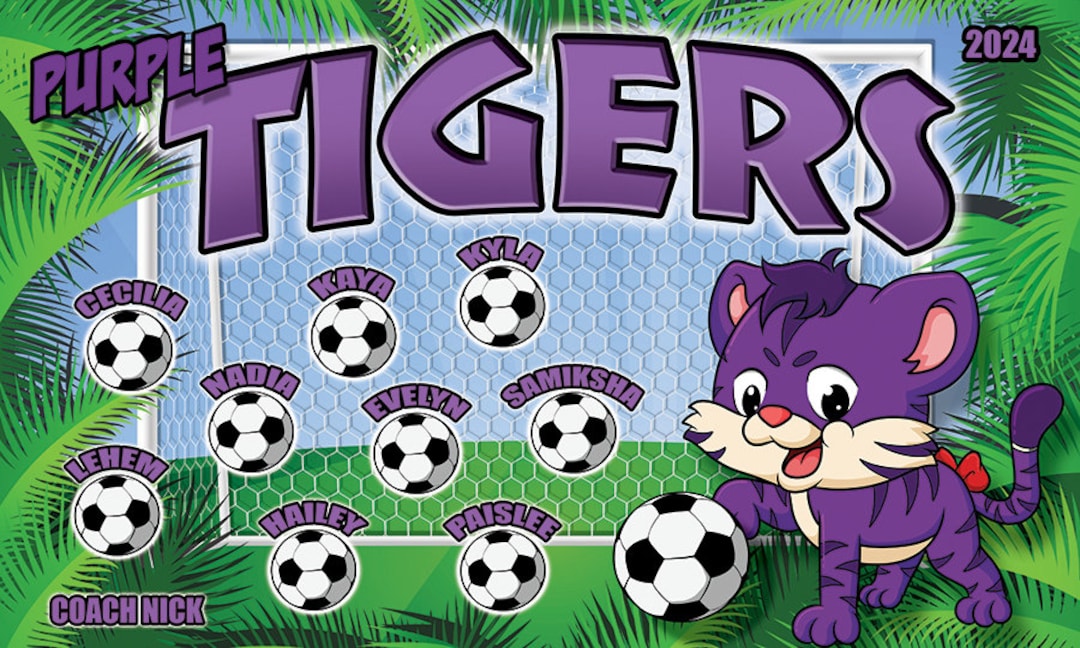 Purple Tigers Cute - Soccer Team Banner - Any Team Name - Choose Size ...