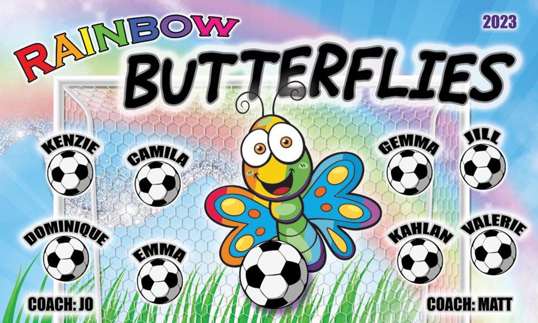 Rainbow Butterflies - Soccer Team Banner - Any Team Name - Choose Size ...