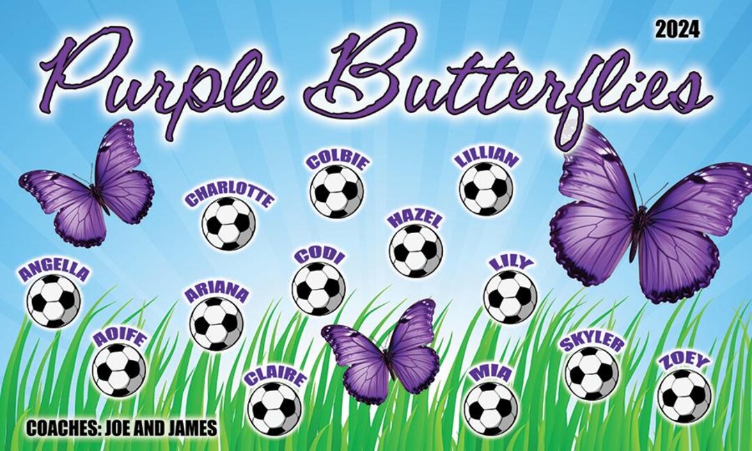 PURPLE BUTTERFLIES - Soccer Team Banner - Any Team Name - Choose Size ...