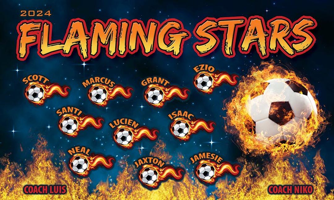 Flaming Stars - Soccer Team Banner - Any Team Name - Choose Size ...