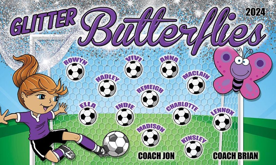 Glitter Butterflies - Soccer Team Banner - Any Team Name - Choose Size ...