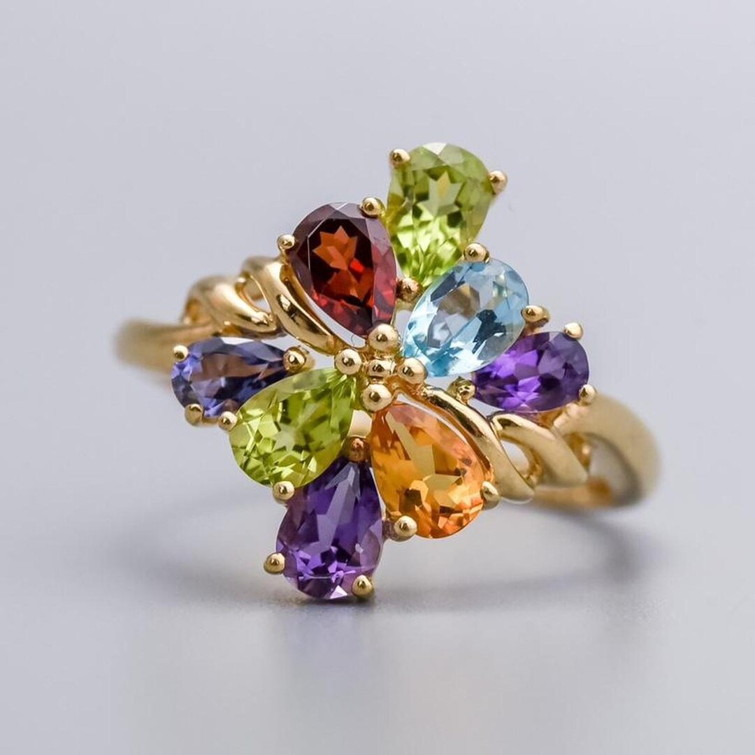 Solid 9K Gold Multi-gemstone Cluster Ring - Etsy