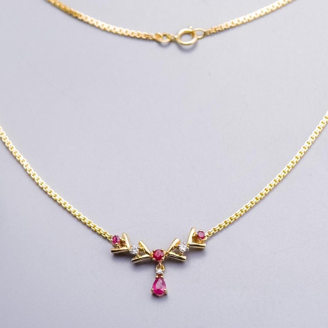 Solid 9K Gold Ruby and Diamond Y Drop Necklace - Etsy