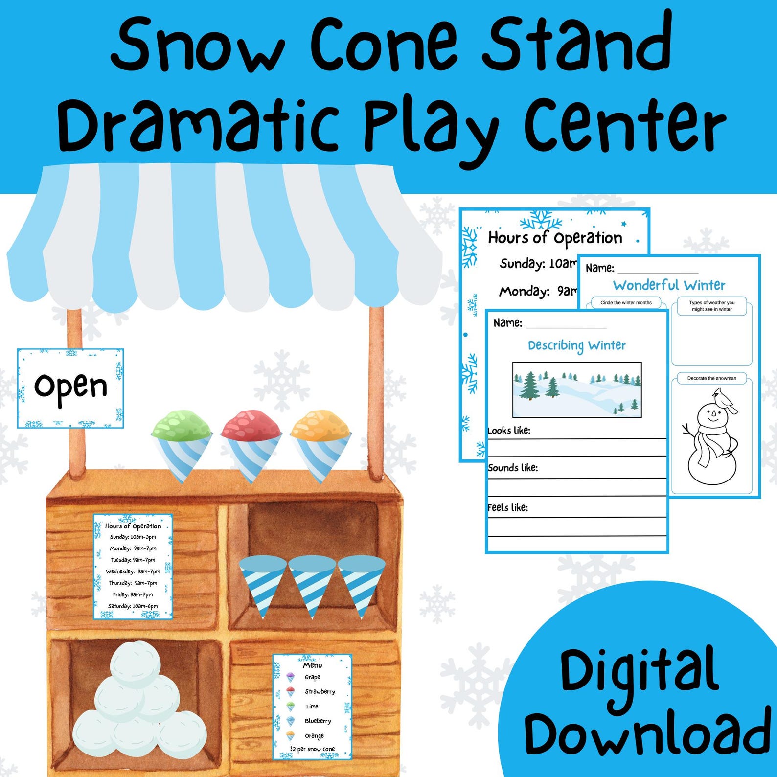 Snow Cone Stand Pretend Play Activity for Kids | Winter Dramatic Play ...