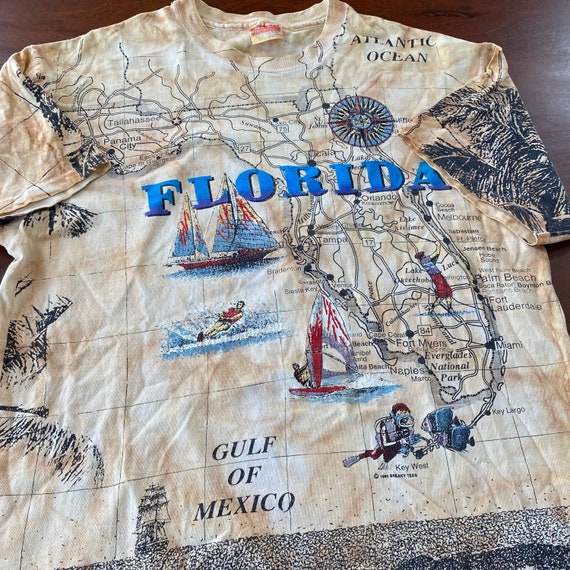 Vintage 1992 Map of Florida All Over Print graphic T-… - Gem