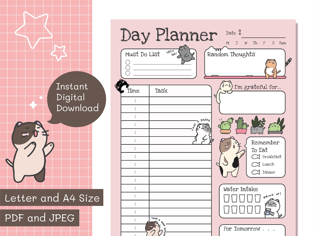 Cute Cat Day Planner | Kawaii Cat Daily Planner | Instant Digital ...